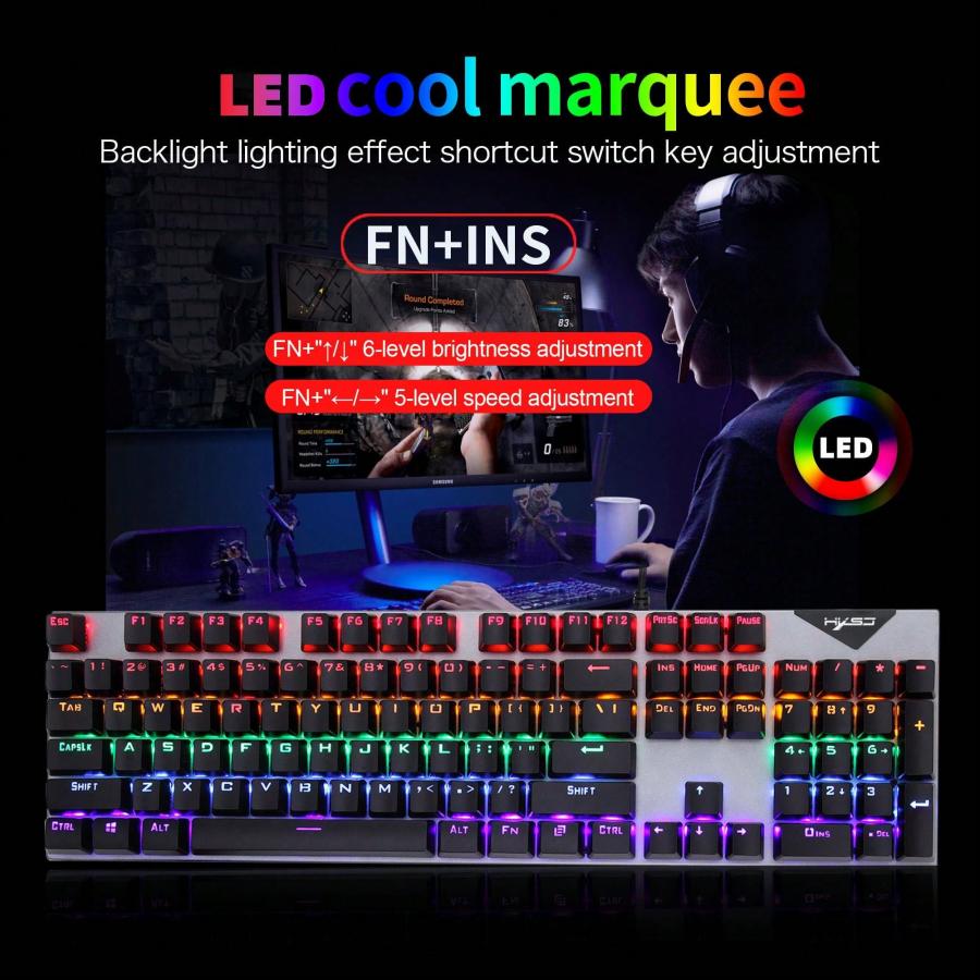 Hxsj 104 Keys Gaming Mechanical Keyboard Rainbow Backlit Blue Switch