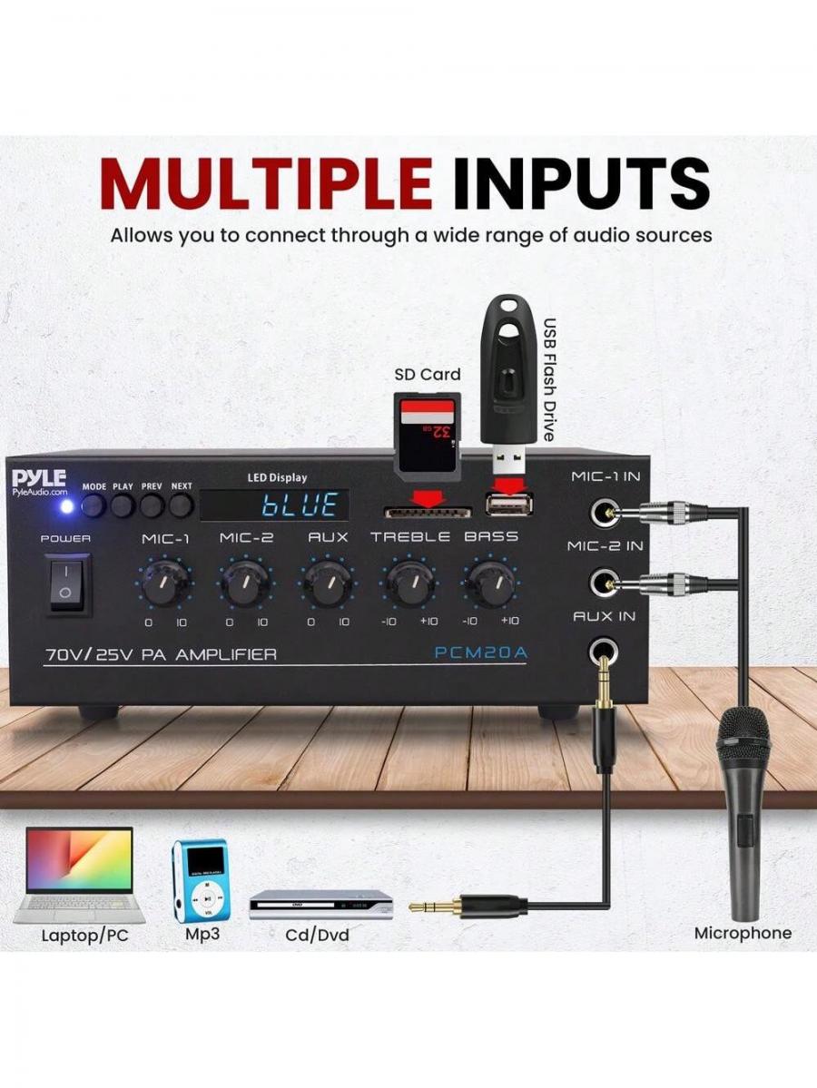 25V 70V Power Amplifier with 14 Mic Inputs 40 Watt Audio Control